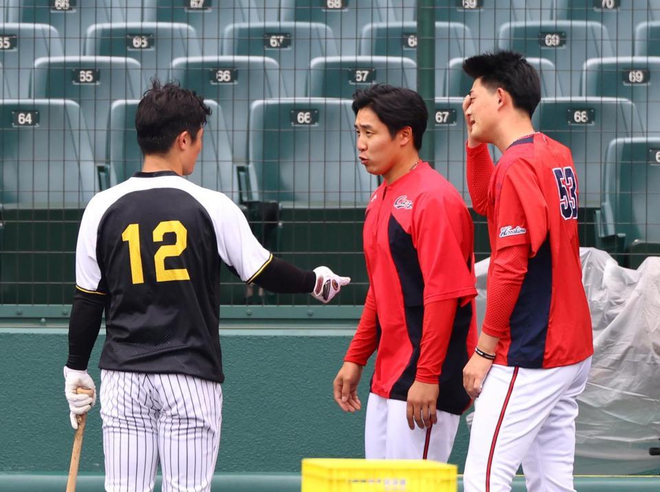 広島・岡本駿が阪神・坂本誠志郎に謝罪 4・20対戦で頭部死球 坂本が肩叩いて笑顔で談笑 - デイリースポーツ - YAYAFA